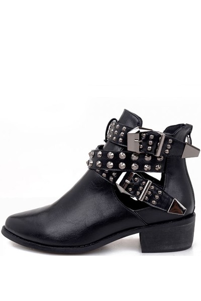 Black Cutout Studded Buckle Strappy Ankle Booties on Luulla