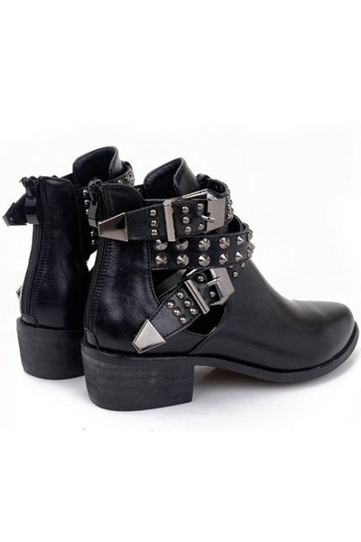 Black Cutout Studded Buckle Strappy Ankle Booties on Luulla